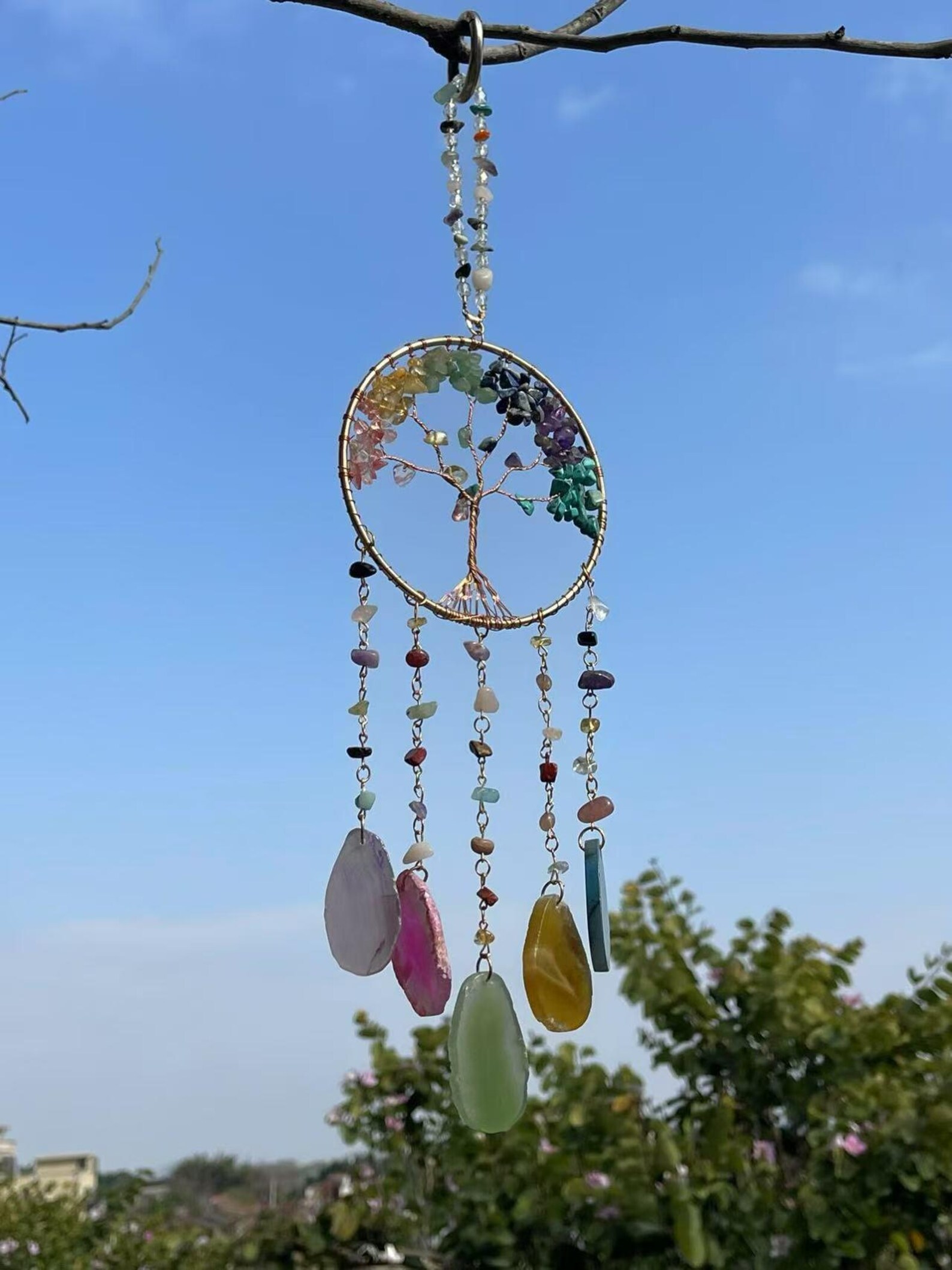 7 Chakra Tree of Life Windchime Mix Color Agate Slice Windchime Agate ...
