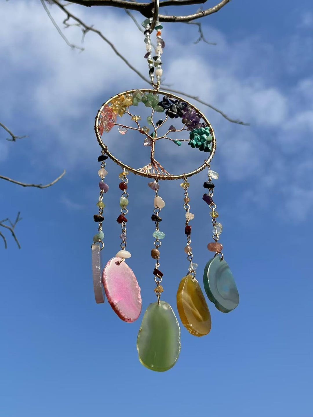 7 Chakra Tree of Life Windchime Mix Color Agate Slice Windchime Agate ...