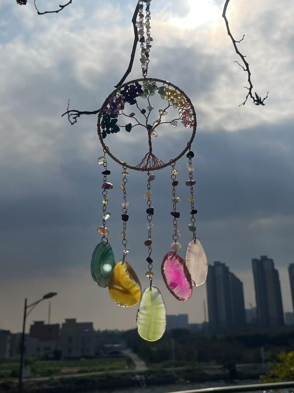 7 Chakra Tree of Life Windchime Mix Color Agate Slice Windchime Agate ...