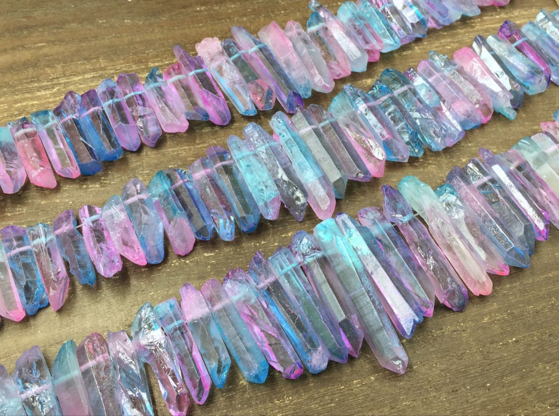 Pink&blue Aura Quartz Points Raw Pink Blue Crystal Point Beads | Etsy