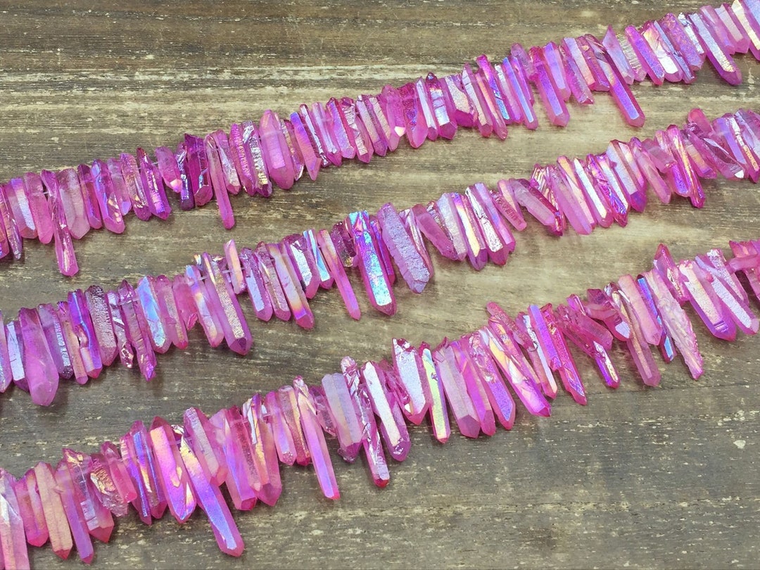 Bright Aura Fuchsia Crystal Quartz Points Raw Pink Quartz Point Beads ...