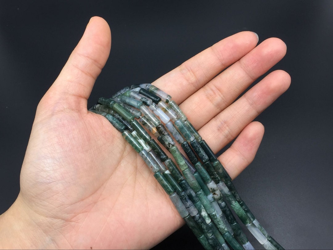 Moss Agate Tube Beads Natural Agate Beads Green Gemstone Round Tube ...