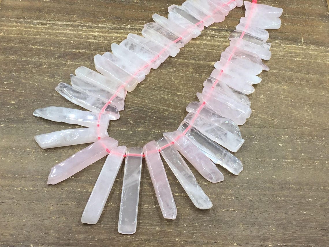 Long Rose Quartz Crystal Stick Beads Pink Quartz Slice Slab Spike Stick ...