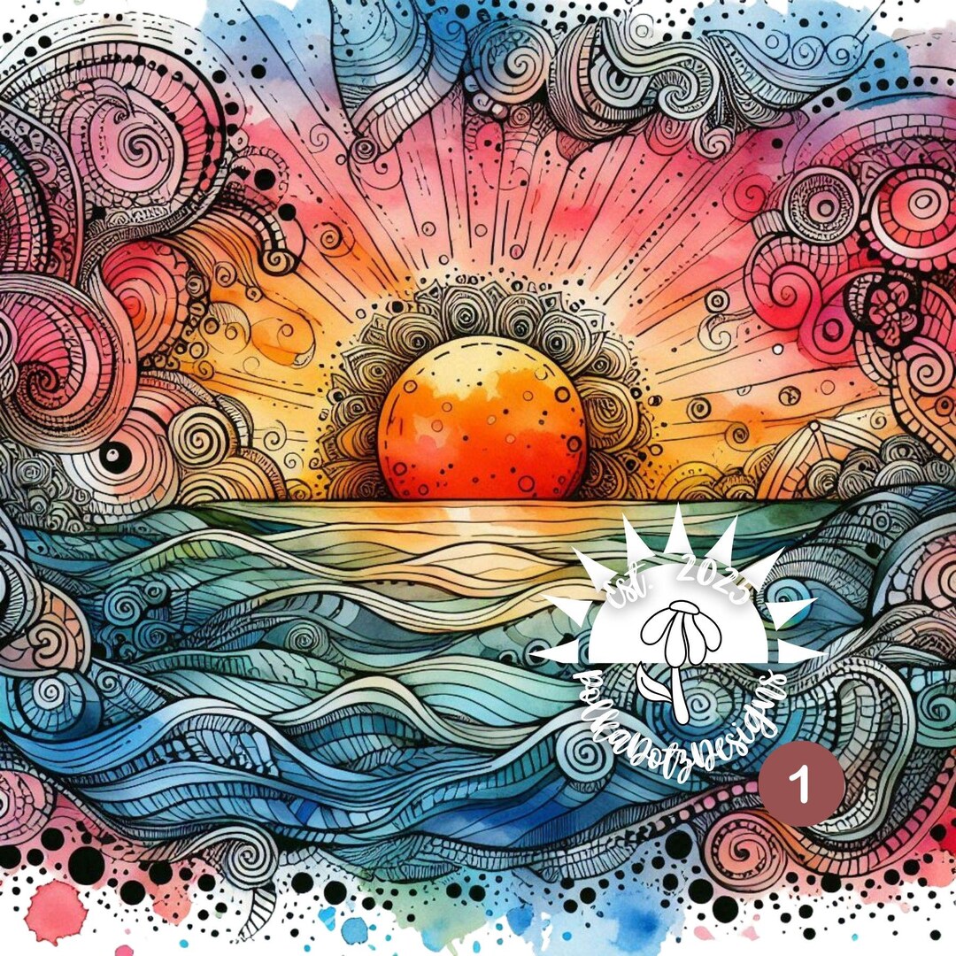 Zentangle Style Colorful Watercolor Ocean Sunset Temporary Tattoos ...