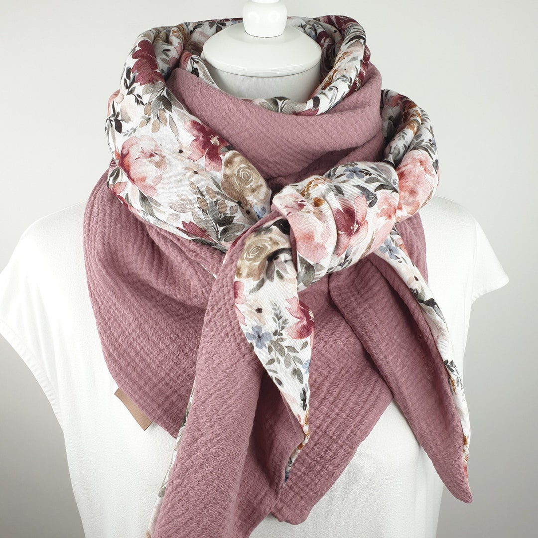 Large Muslin Triangle Scarf Women Girl, Rose Pattern and Berry, 100% ...