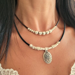 Leather Two Layer Necklace: Sterling Silver Plated Boho Choker - Etsy