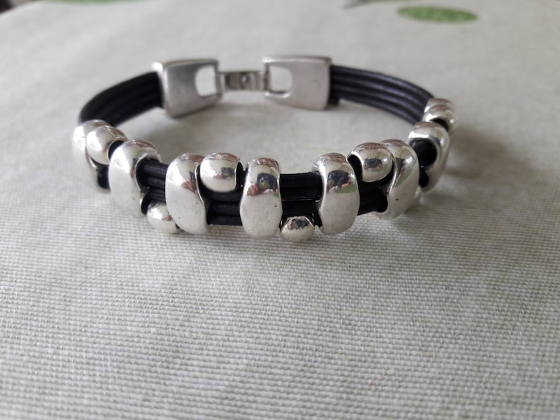 Beaded Leather Bracelet, Silver Plated Zamak Beads, Snap Clasp - Etsy UK