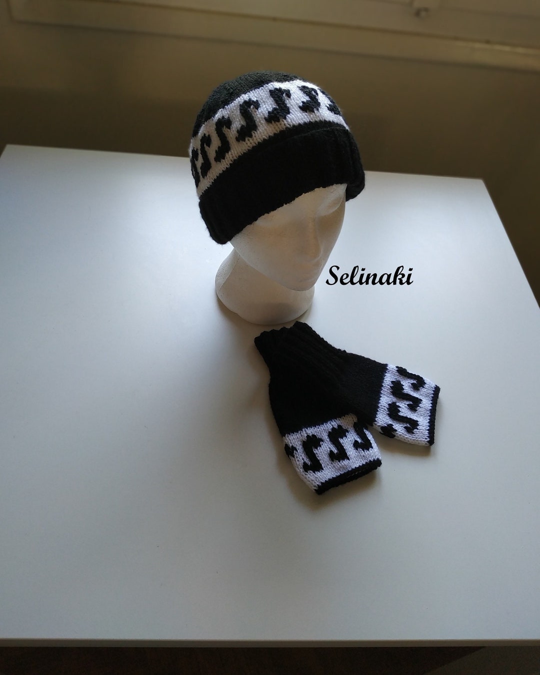 Music Notes Hat Beanie and Fingerless Gloves Black and White - Etsy