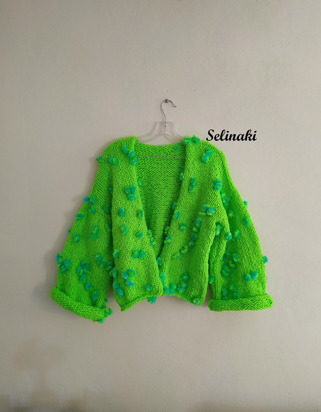 Handknitted Neon Green Pompom Cardigan - Etsy