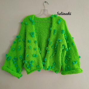 Handknitted Neon Green Pompom Cardigan - Etsy