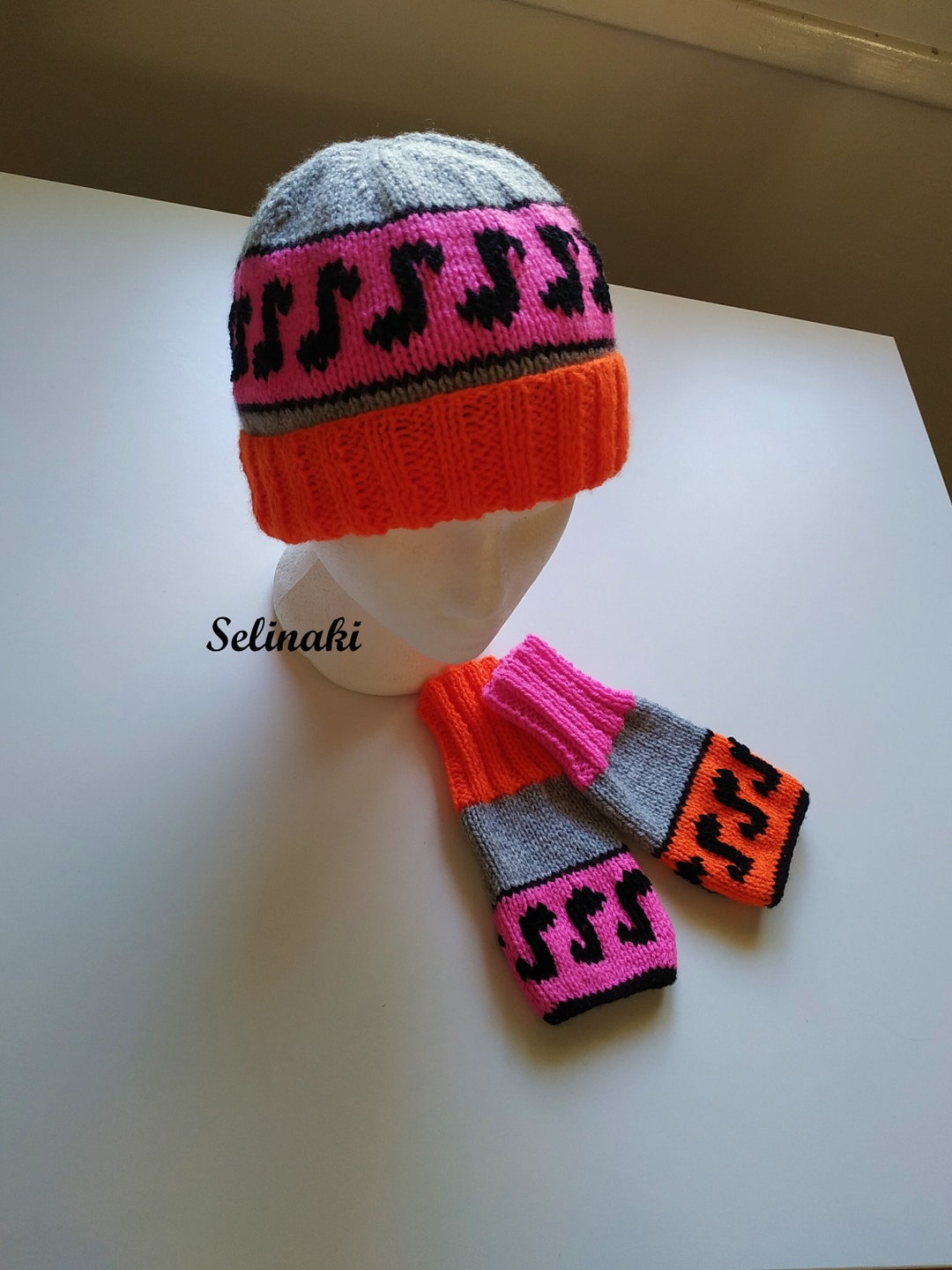 Music Notes Hat Beanie and Fingerless Gloves Neon Orange Pink Gray - Etsy