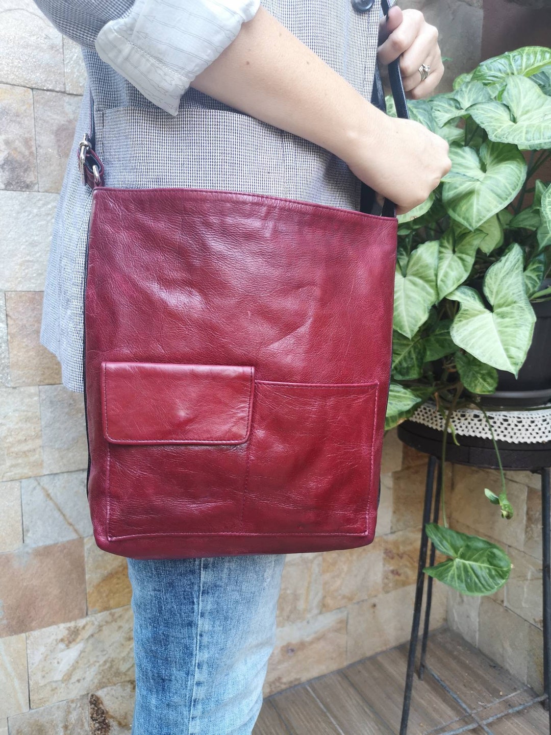 Red Leather Bag, Vintage Leather Bag, Travel Handbag, Woman's Purse ...