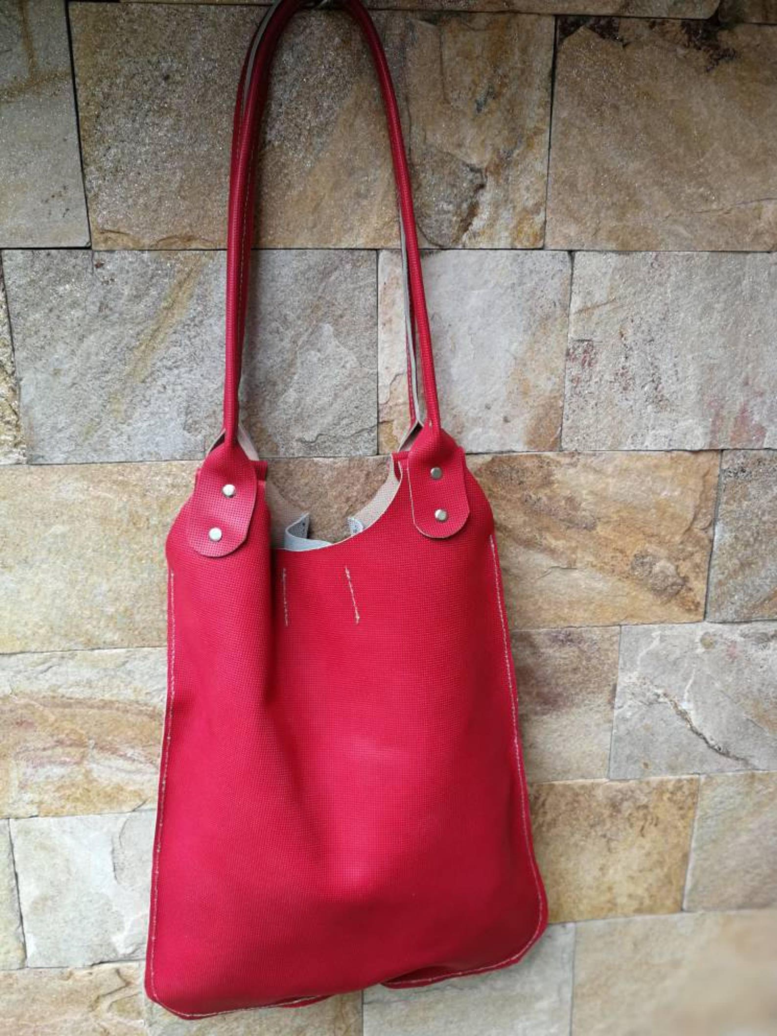 Red leather tote hand made tote simple leather | Etsy