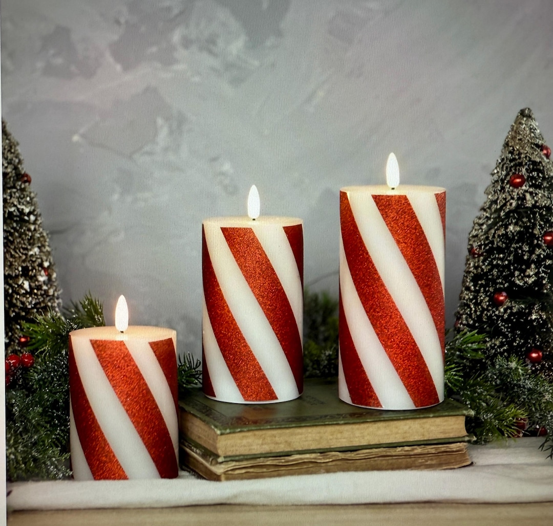 6"h X 3"w 3D Flame Candy Cane Pillar Candle With Timer - Etsy