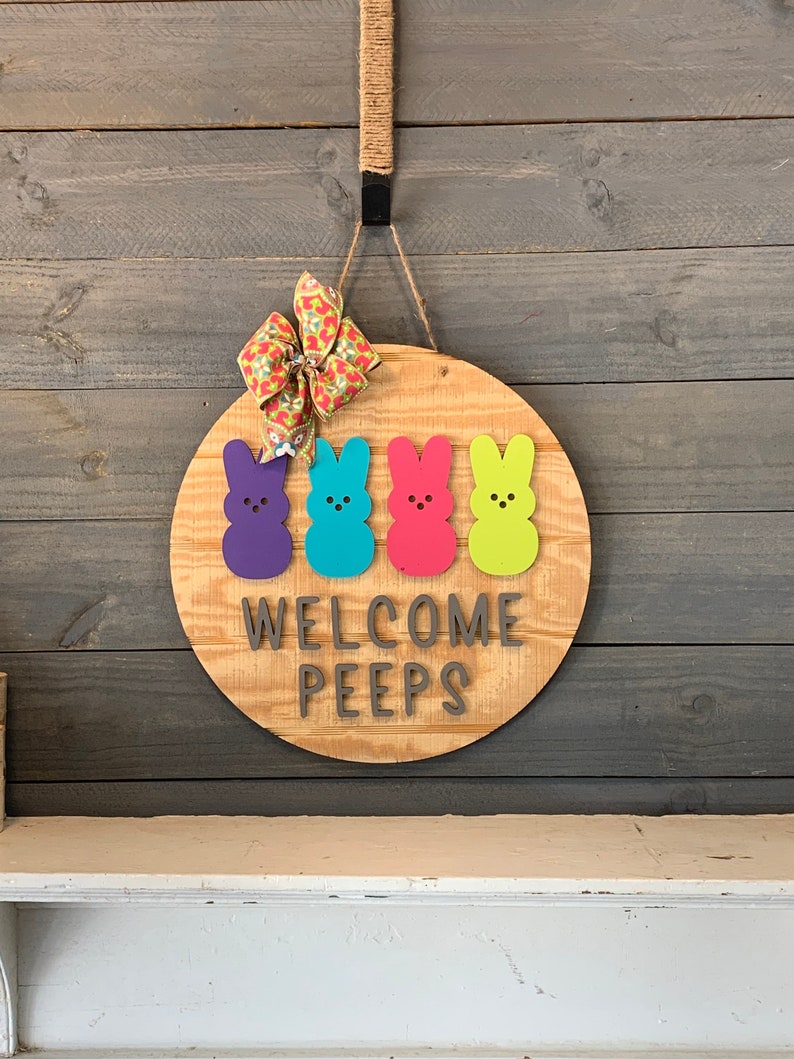 Easter Door Hanger Wooden Welcome Sign Peeps Spring - Etsy