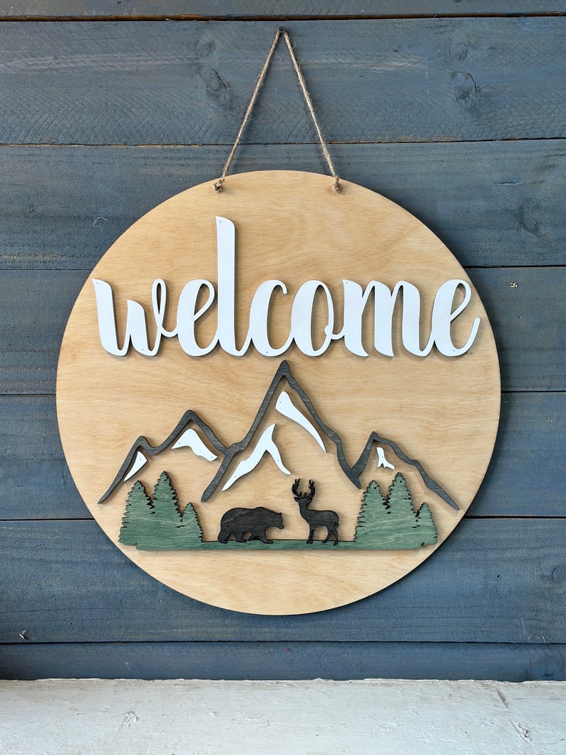 Mountain Welcome Door Hanger, Cabin Decor, Bear and Deer, Wooden - Etsy