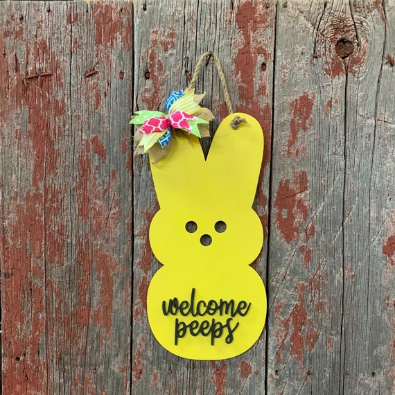 Easter Door Hanger Wooden Welcome Sign Peeps | Etsy