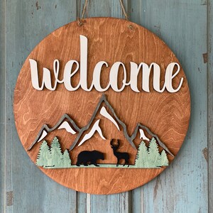 Mountain Door Hanger, Cabin, Wooden Door Hanger, Bear Decor, Deer Decor ...