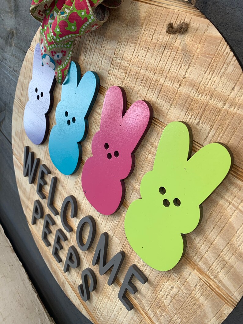 Easter Door Hanger Wooden Welcome Sign Peeps Spring - Etsy