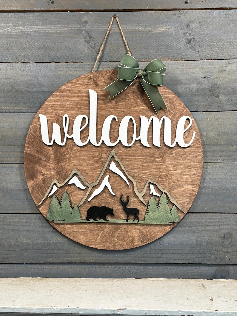 Mountain Welcome Door Hanger, Cabin Decor, Bear and Deer, Wooden - Etsy