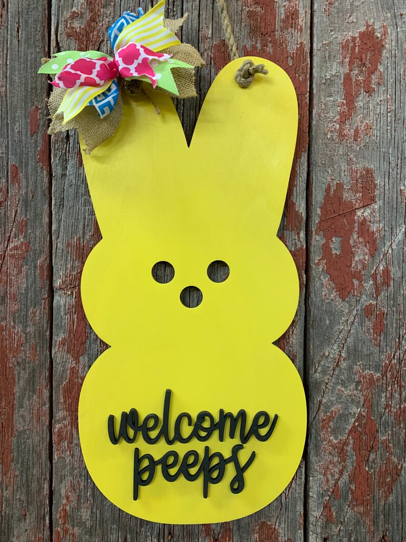 Easter Door Hanger Wooden Welcome Sign Peeps - Etsy