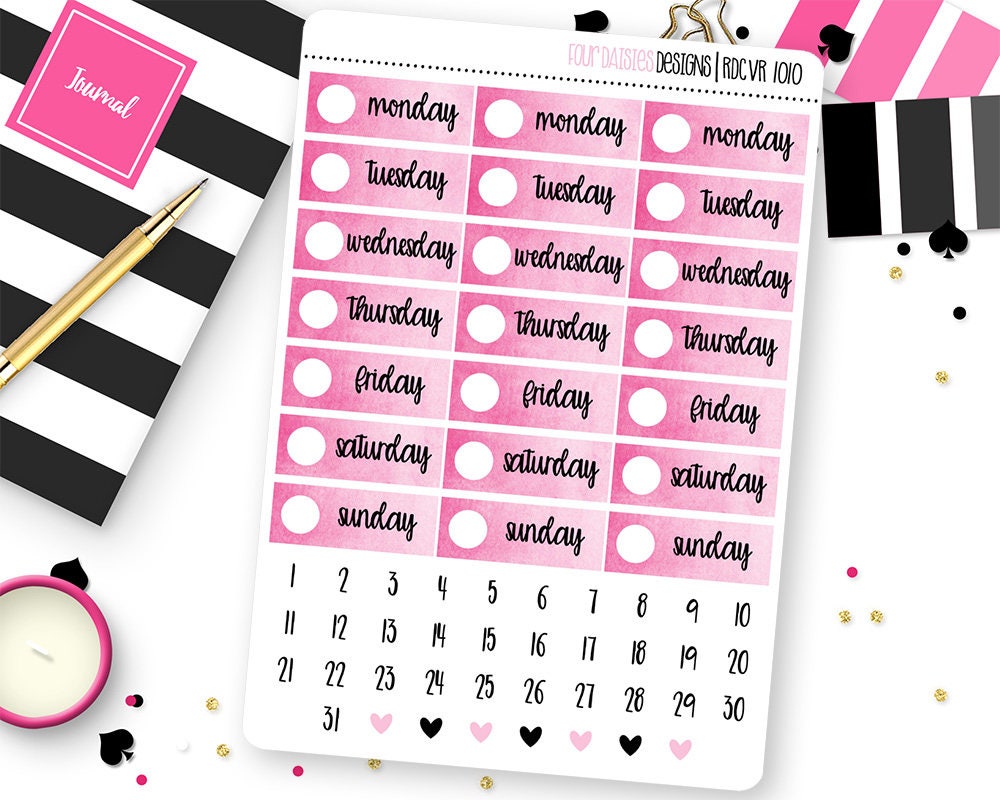 Pink Watercolor Day/Date Cover Planner Stickers for Erin | Etsy