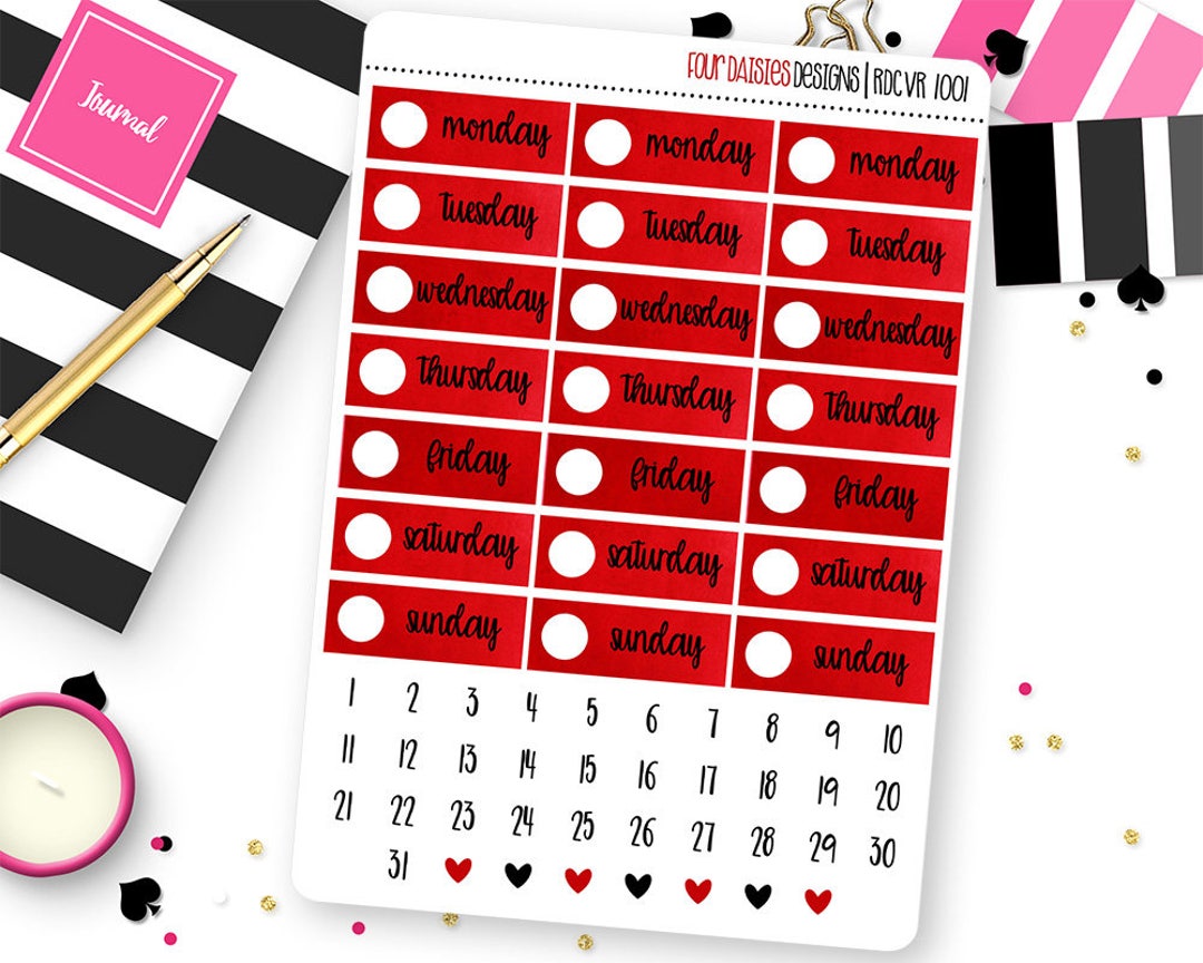 Red Watercolor Day/date Cover Planner Stickers for Erin Condren Life ...