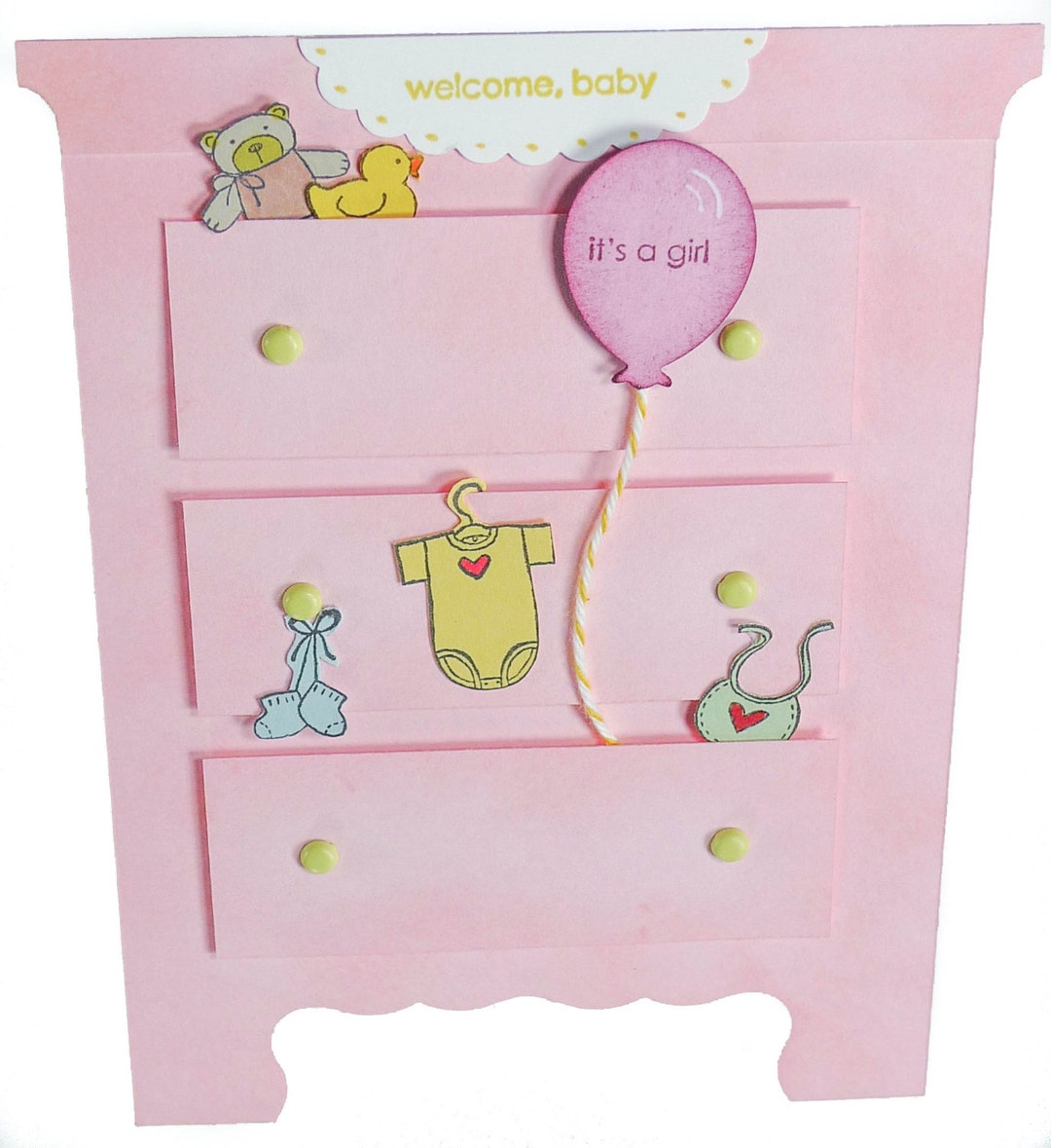 2-baby Girl Pink Dresser Card With Rubber Duckie, Balloon, Teddy Bear ...