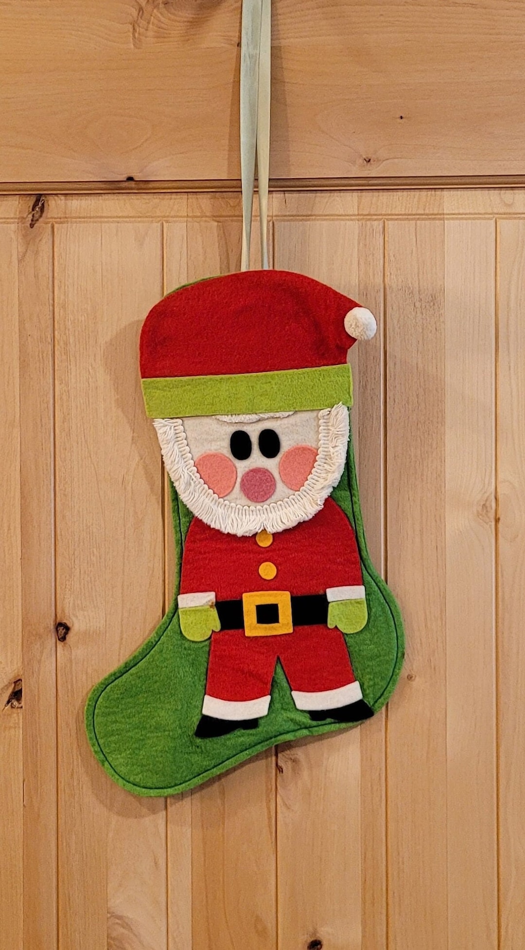 Vintage Felt Santa Christmas Stocking, Folk Art Santa Claus, Mid ...