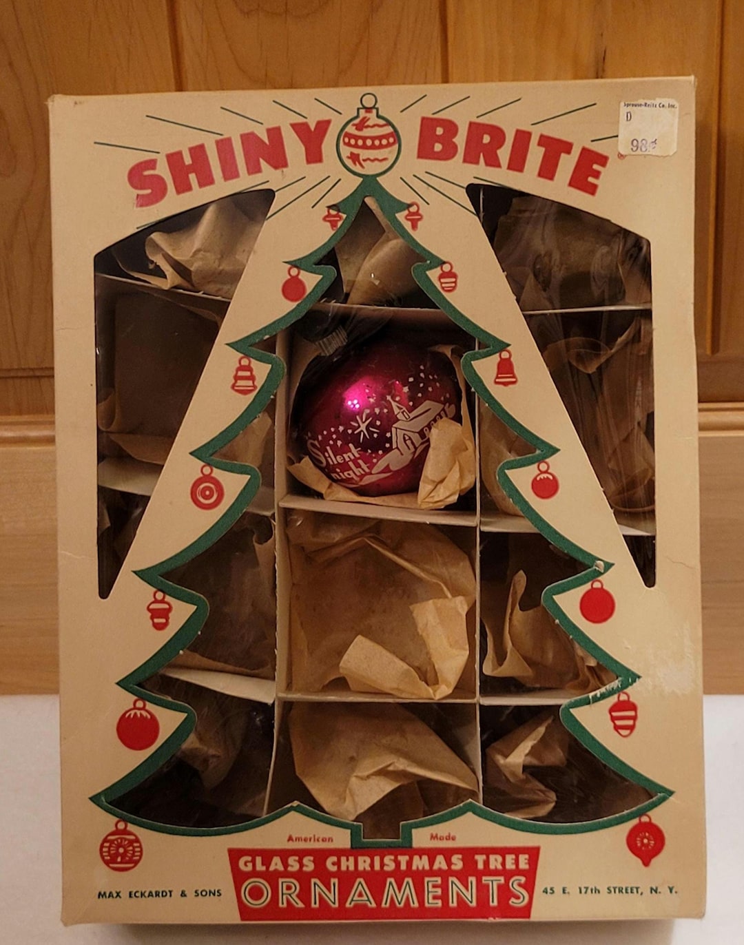 Shiny Brite Box Top, (1) Stenciled Silent Night Ornament, Bottom Box ...