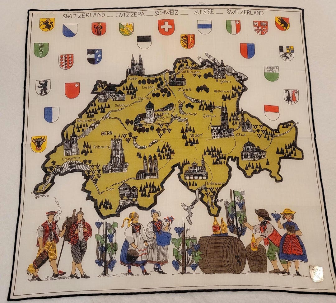Switzerland Vintage Handkerchief Souvenir, Original Stoffels ...