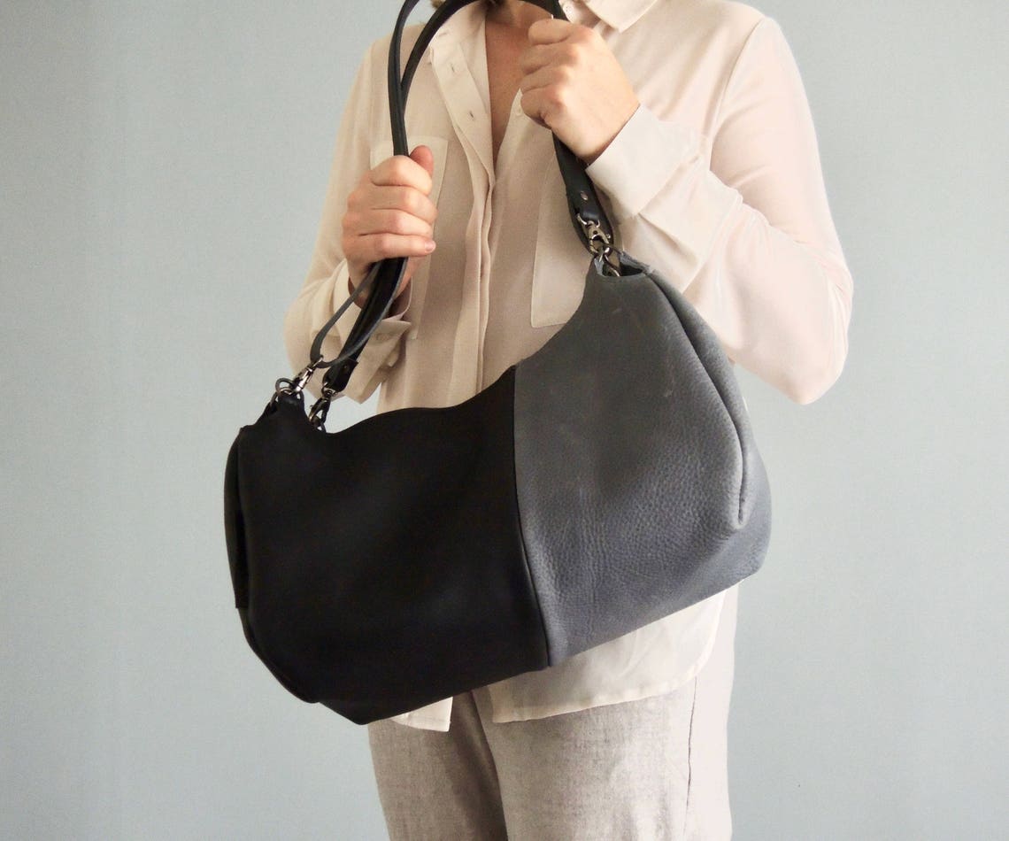 Leather Handbag, Diagonal Sides, Two Coloured, Black & Brown, Supple ...