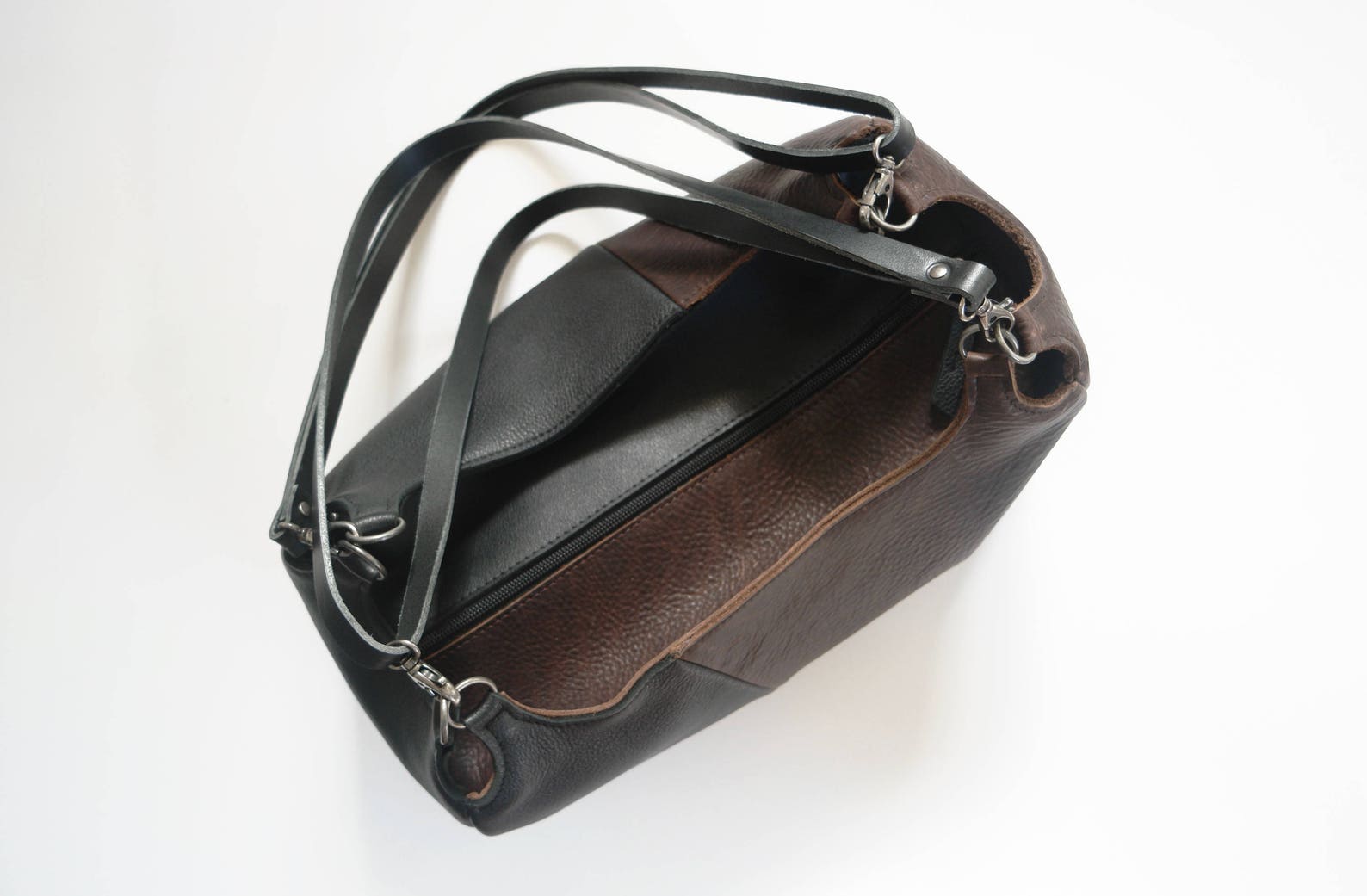 Leather Handbag, Diagonal Sides, Two Coloured, Black & Brown, Supple ...