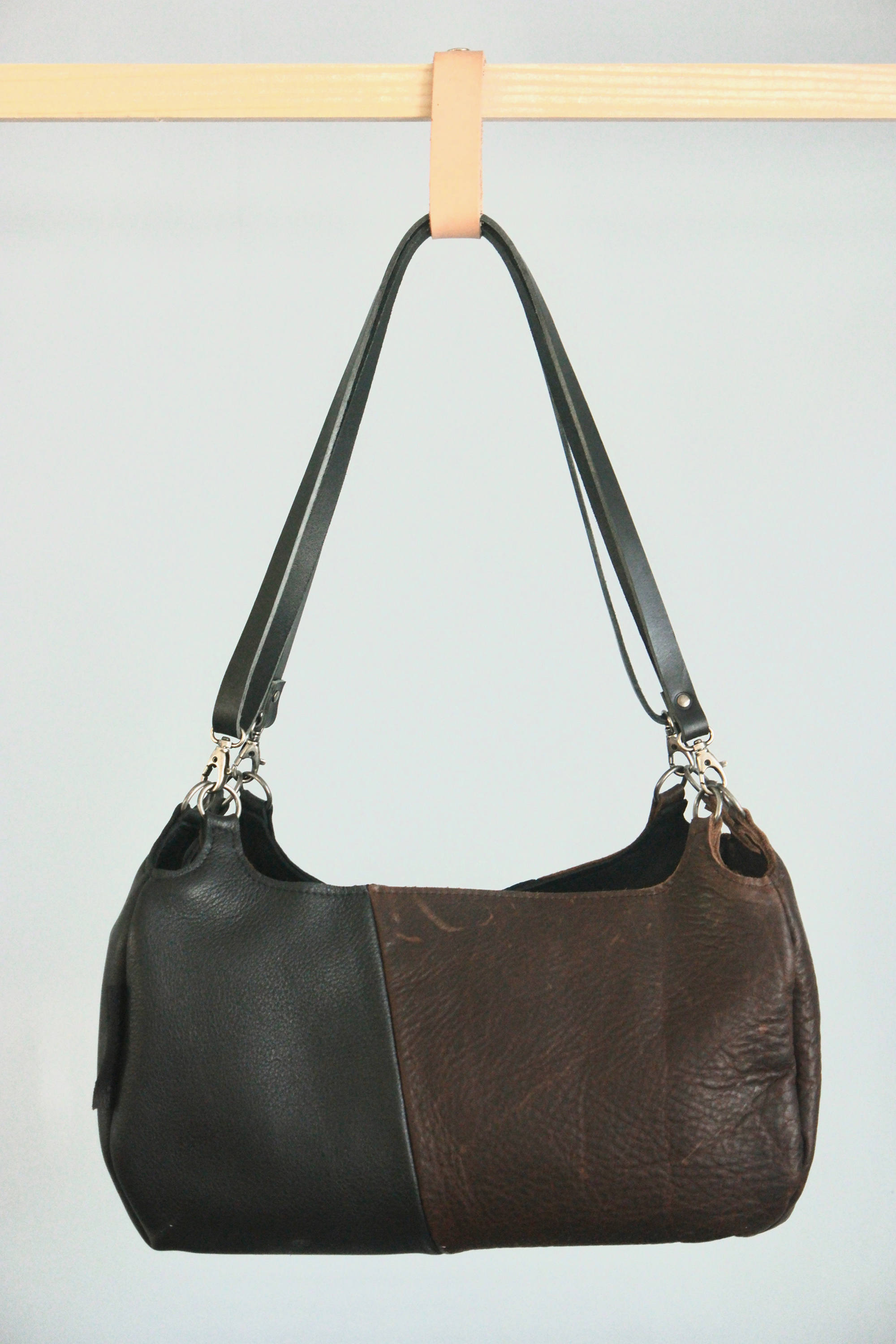 Leather Handbag, Diagonal Sides, Two Coloured, Black & Brown, Supple ...