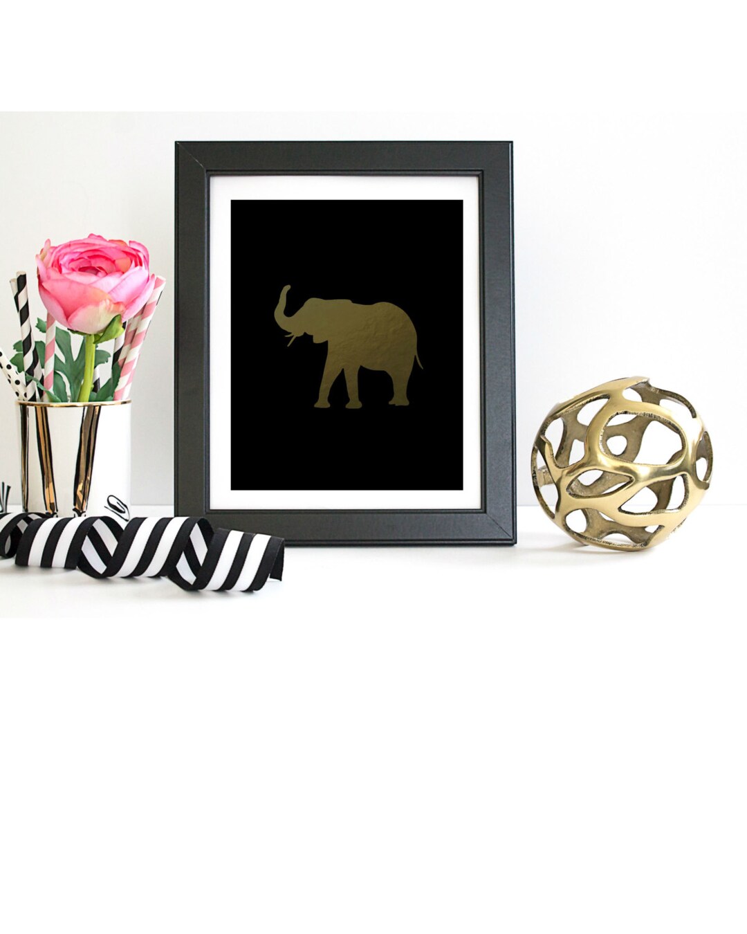Faux Gold Elephant Print on Black Background - Etsy