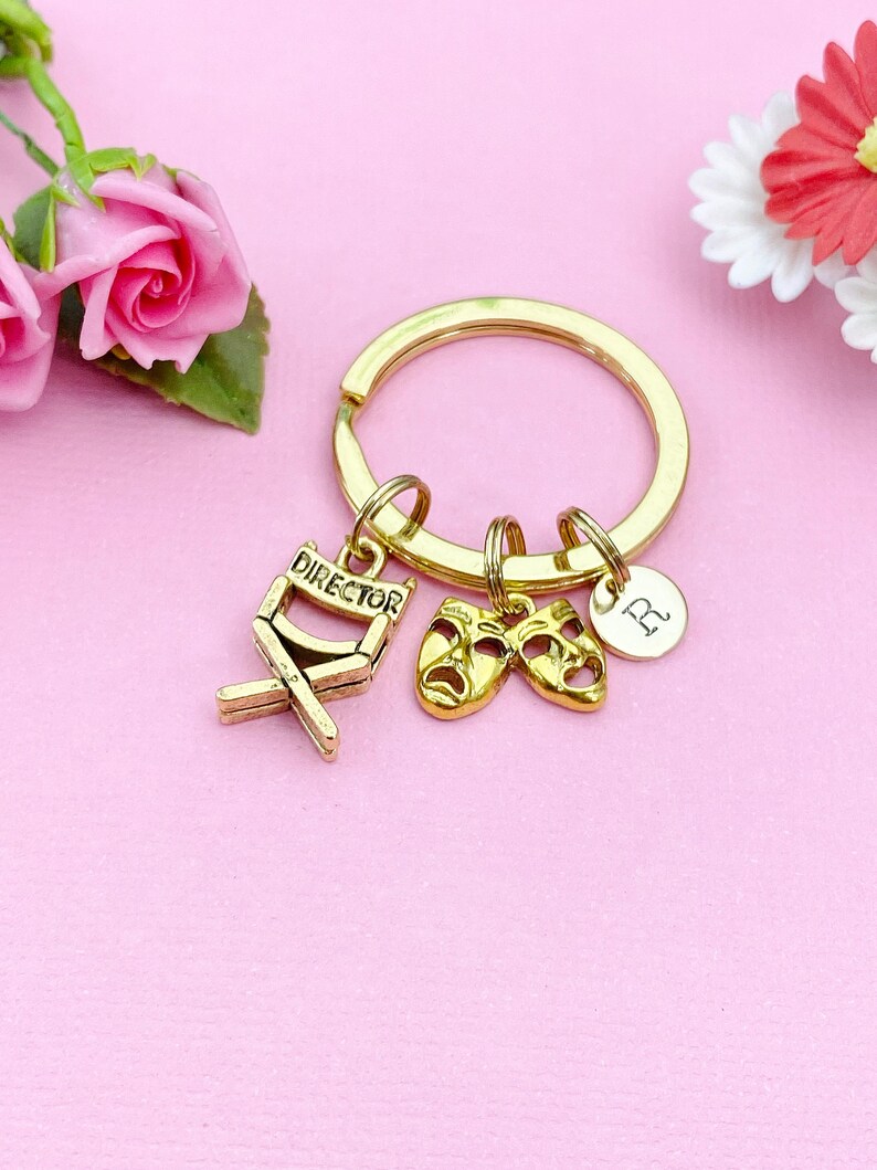 Gold Comedy Tragedy Director Keychain, Drama Mask Charm, Personalized ...