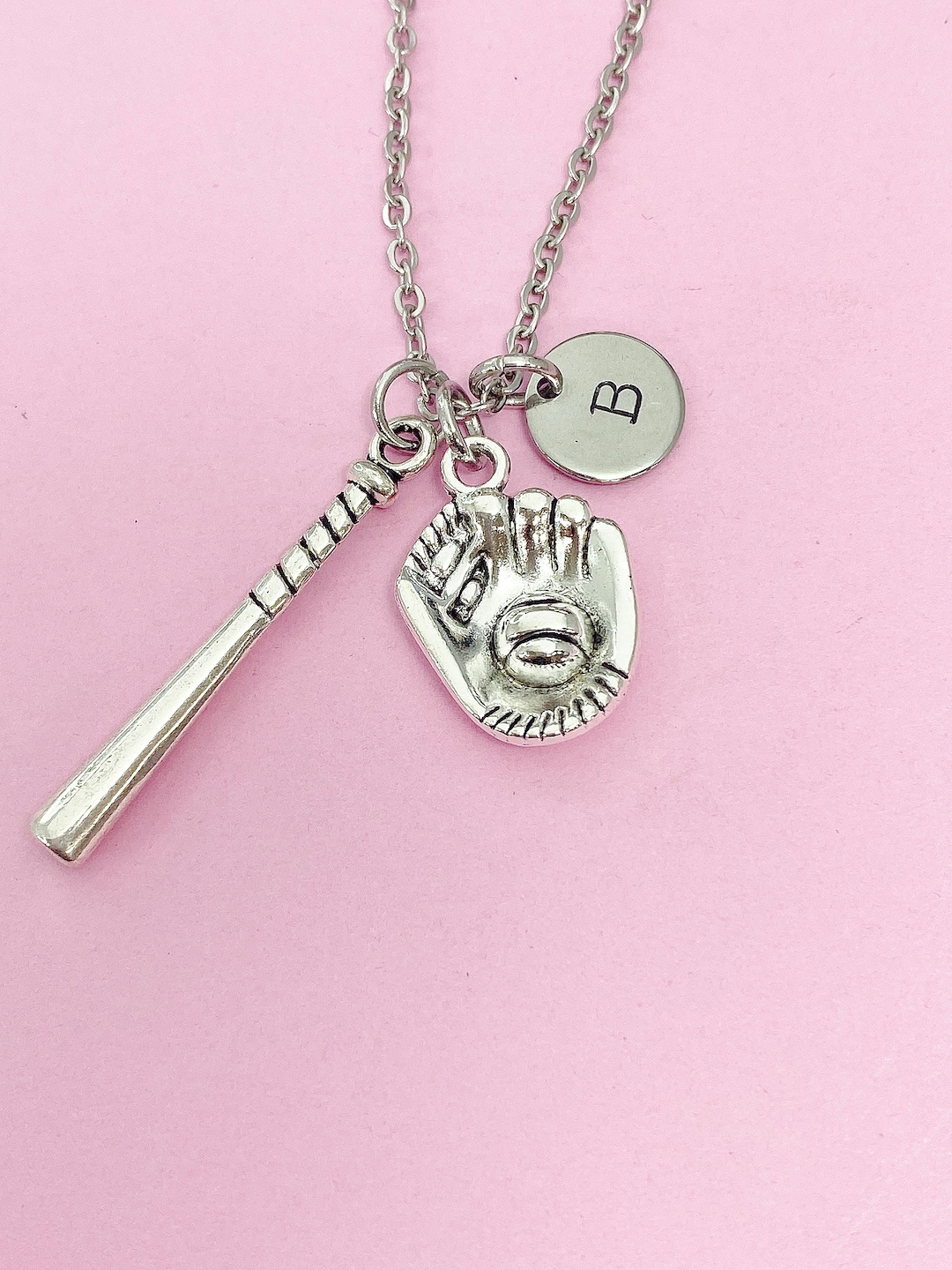 Silver Softball Charm Necklace Mitt Baseball Bat Charm Softball Girl ...