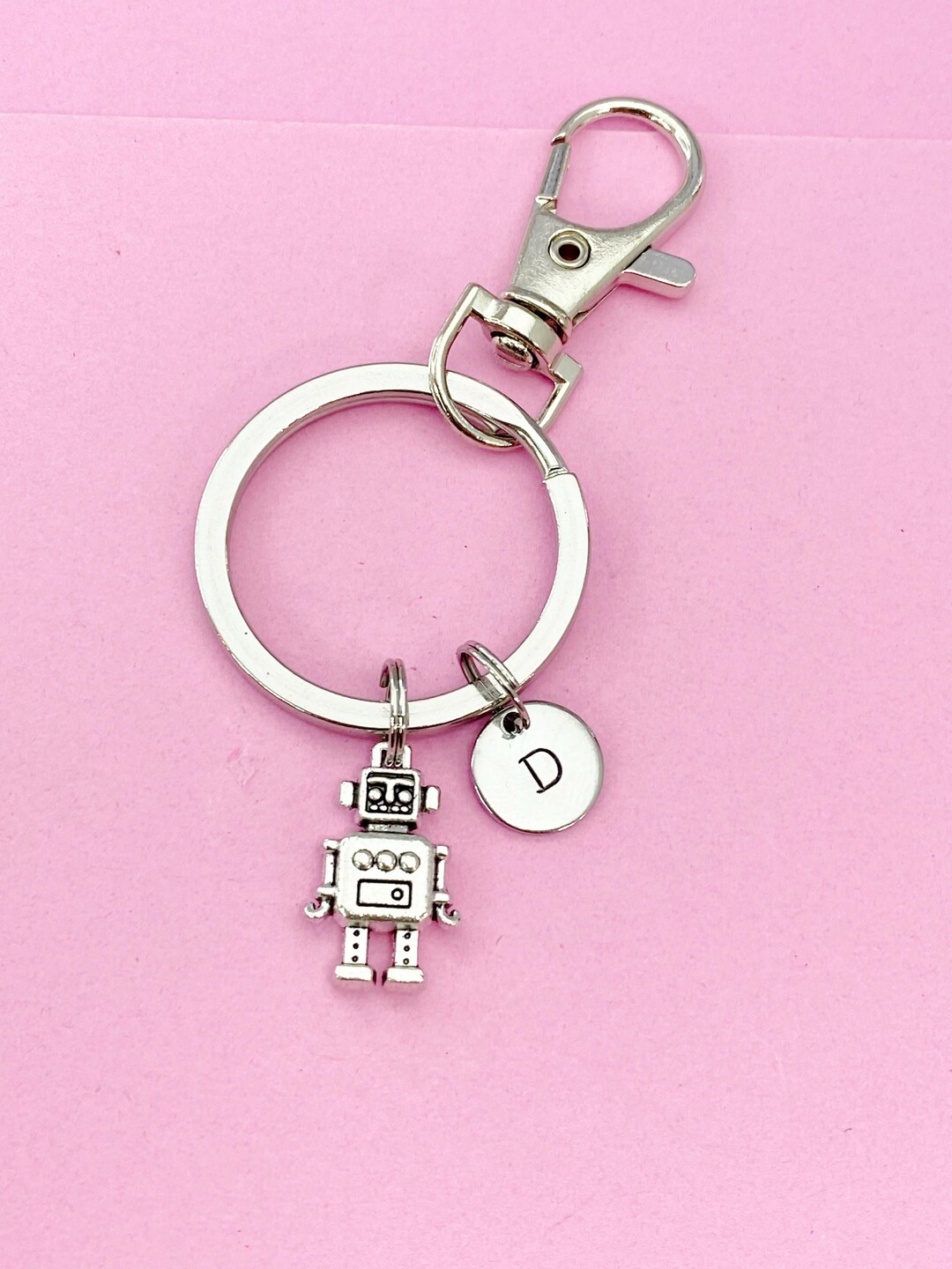Silver Robot Charm Keychain, Robotic Gift, Personalized Initial ...