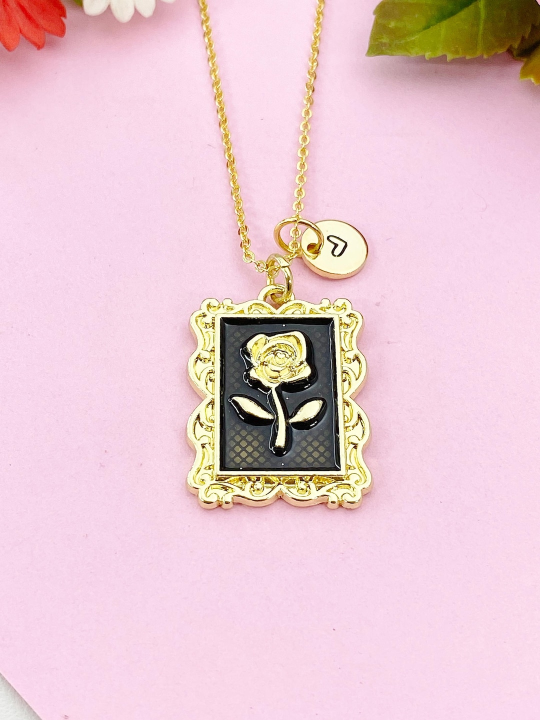Rose Charm Gold Necklace, Rose Flower Black Enamel, N6189 - Etsy