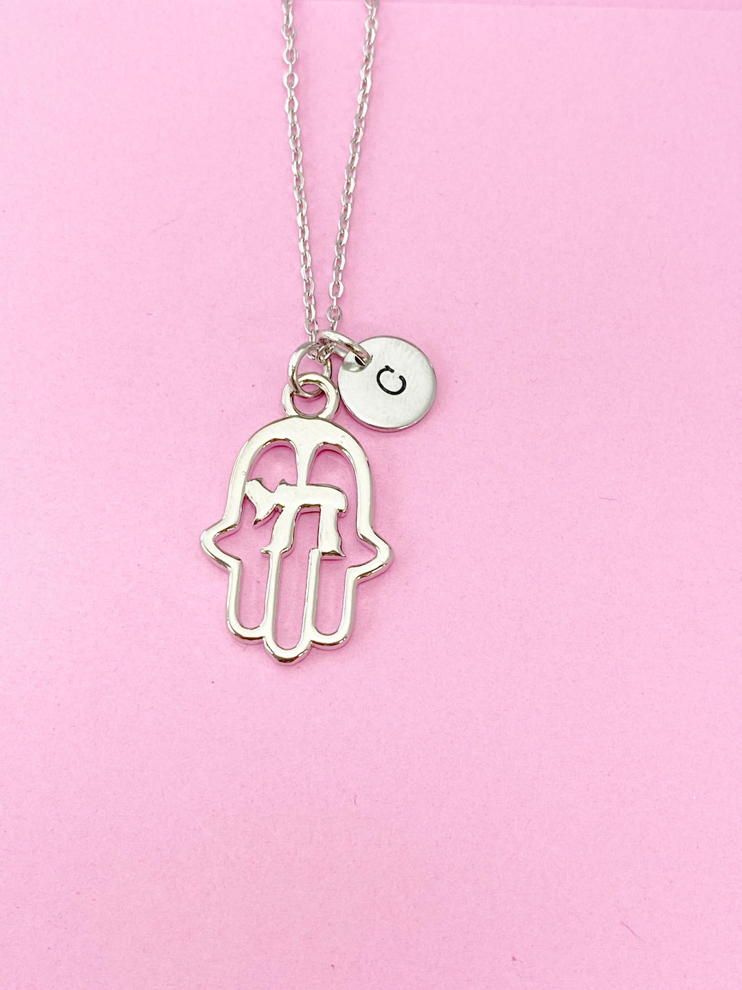 Silver Hamsa Hand Chai Personalized Customized Initial Charm Necklace ...