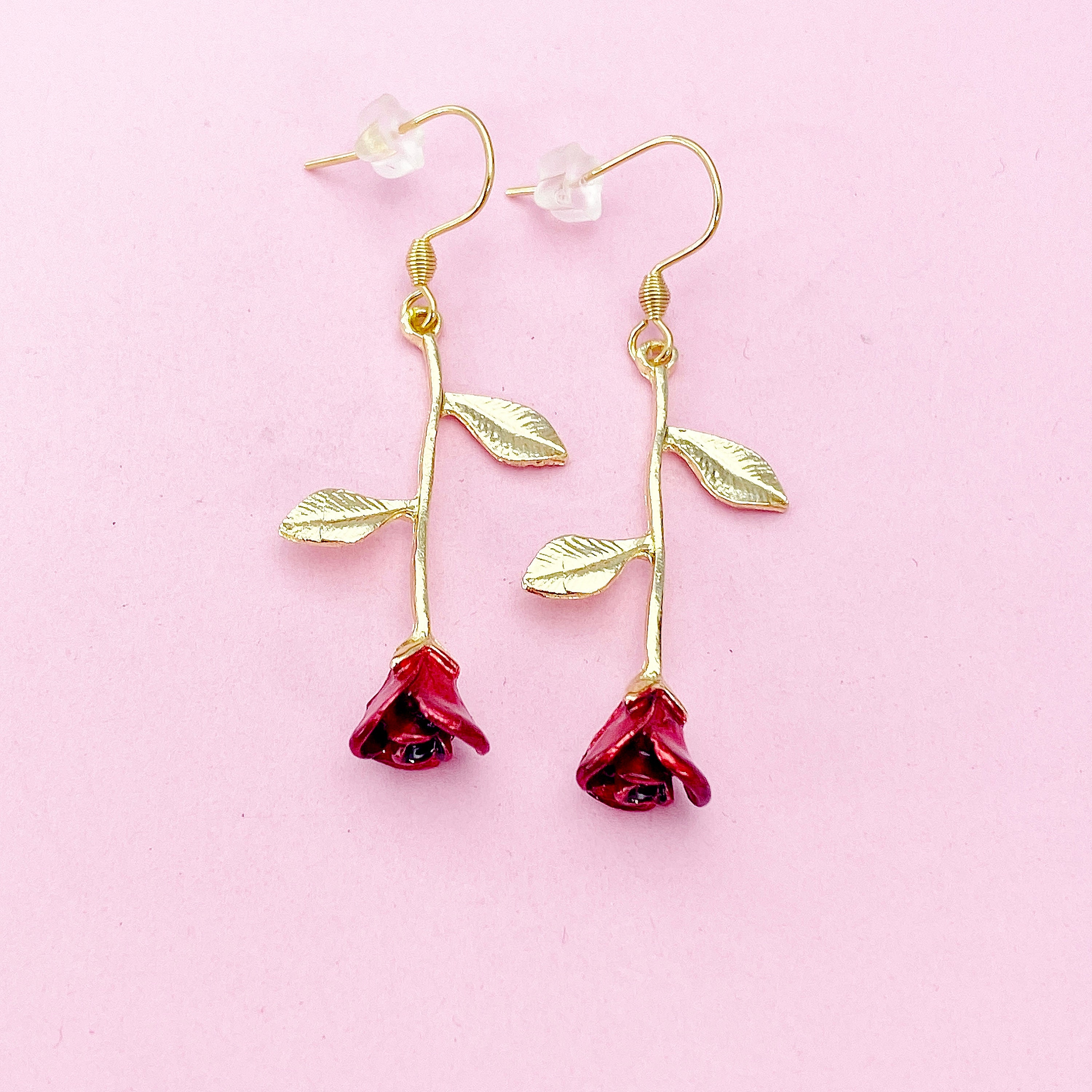 Gold Red Rose Dangle Earrings, Floral Jewelry - Etsy