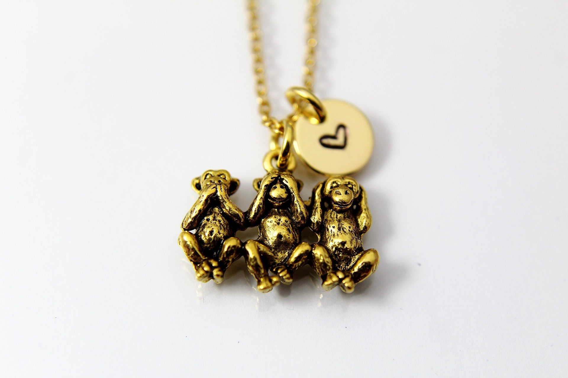 Three Wise Monkeys Necklace Gold Three Monkeys Charm Three - Etsy