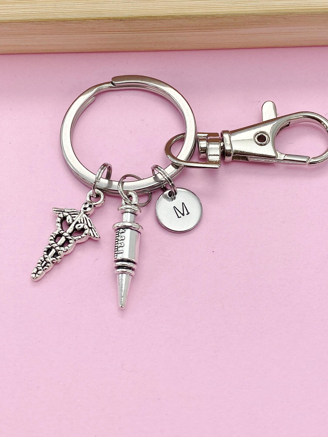 Silver Medical Syringe Caduceus Charm Keychain, Gifts for Medical ...