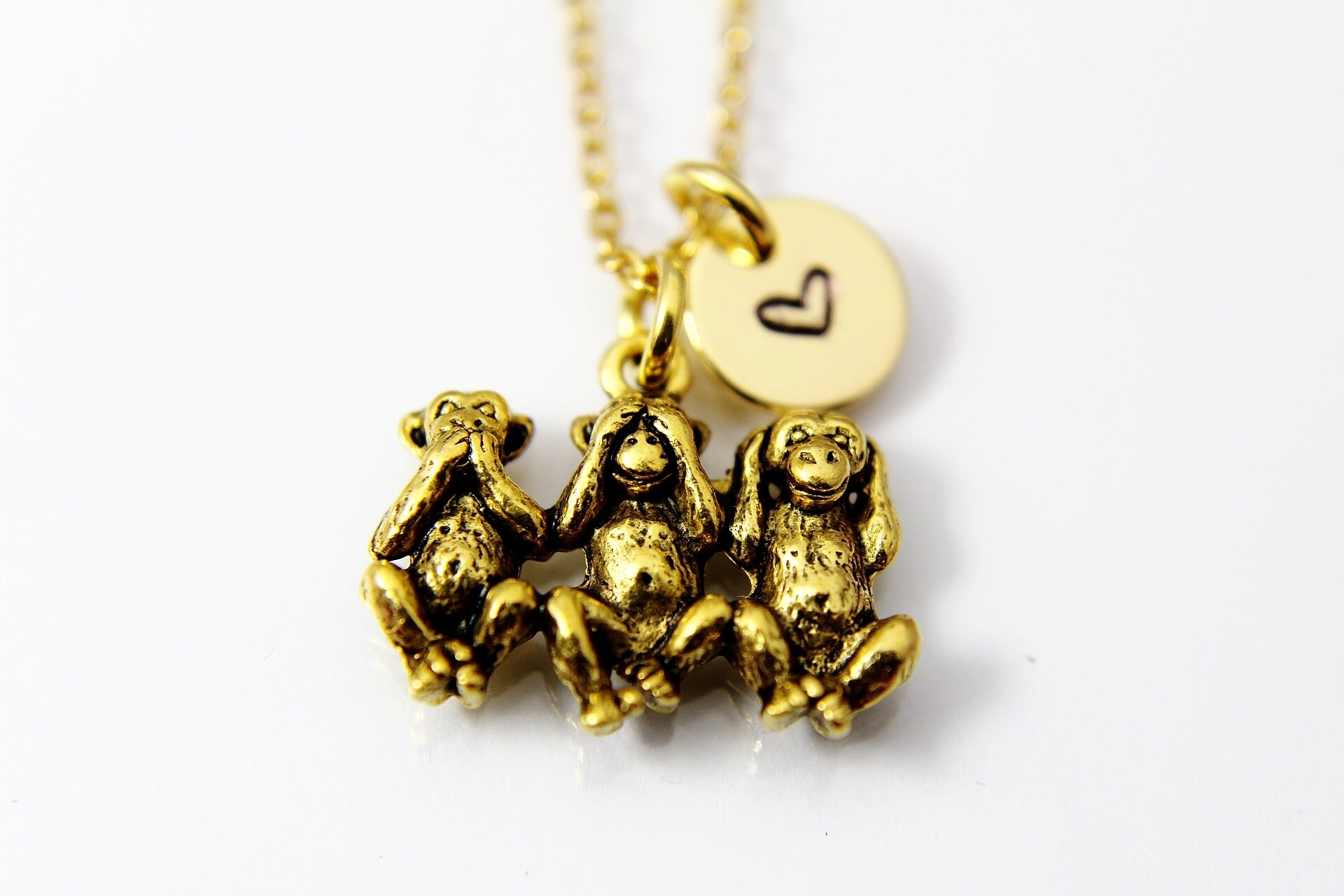 Three Wise Monkeys Necklace Gold Three Monkeys Charm Three | Etsy