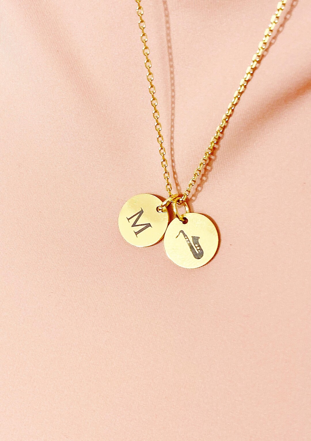 Gold Tenor Saxophone Charm Necklace - Personalized Initial Pendant - Etsy