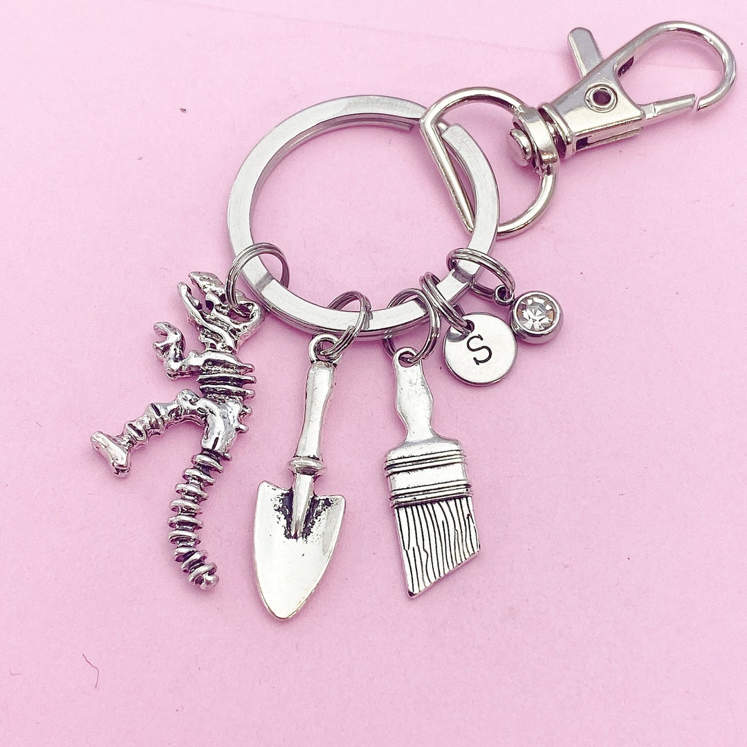 Archaeologists Keychain, Dinosaur Skeleton, Brush, Shovel, Personalized ...