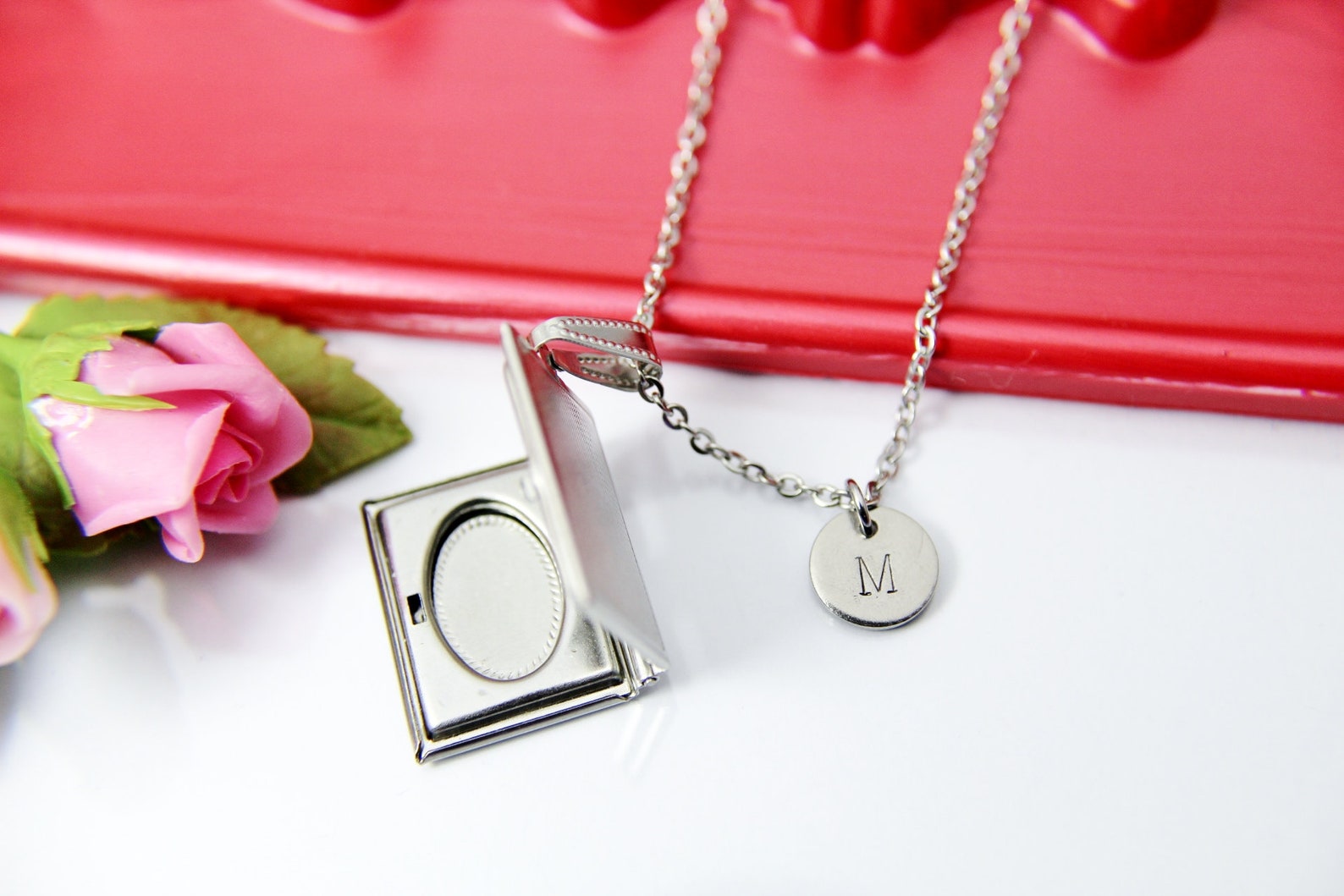 Silver Book Locket Charm Necklace Stainless Steel Chain - Etsy