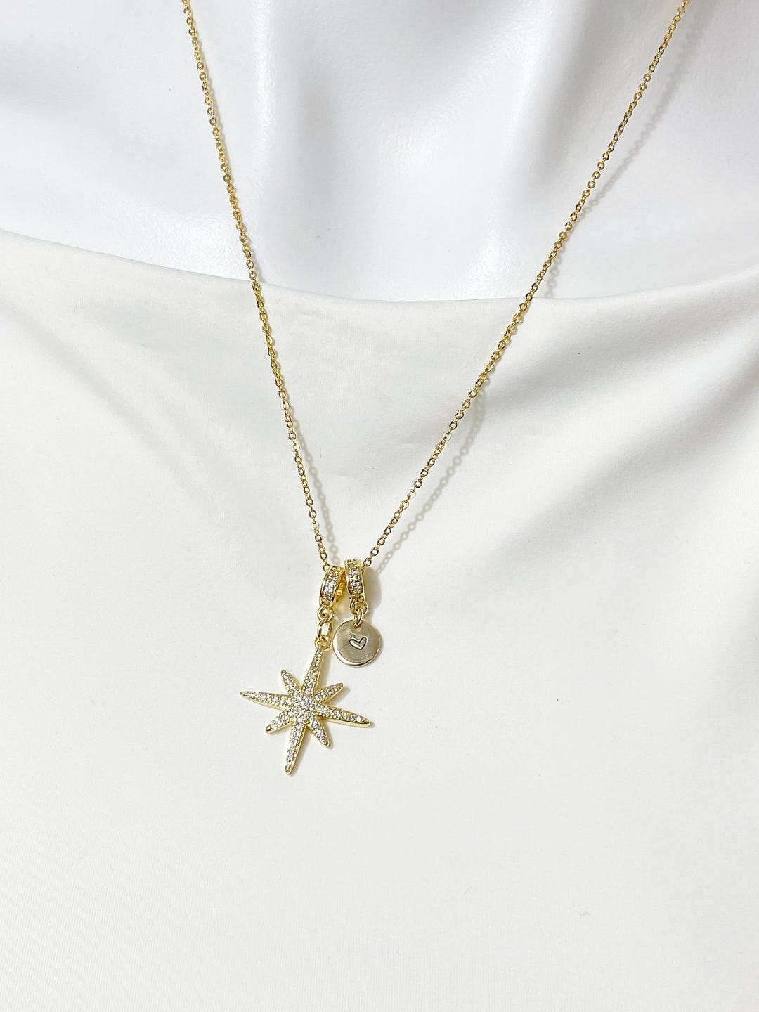 Gold Northstar Necklace With Cubic Zirconia Bail and Initial Pendant ...