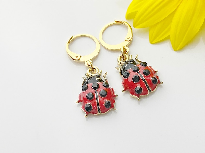 Gold Red Ladybug Earrings, Cute Red Black Ladybug Insect Dangle or ...
