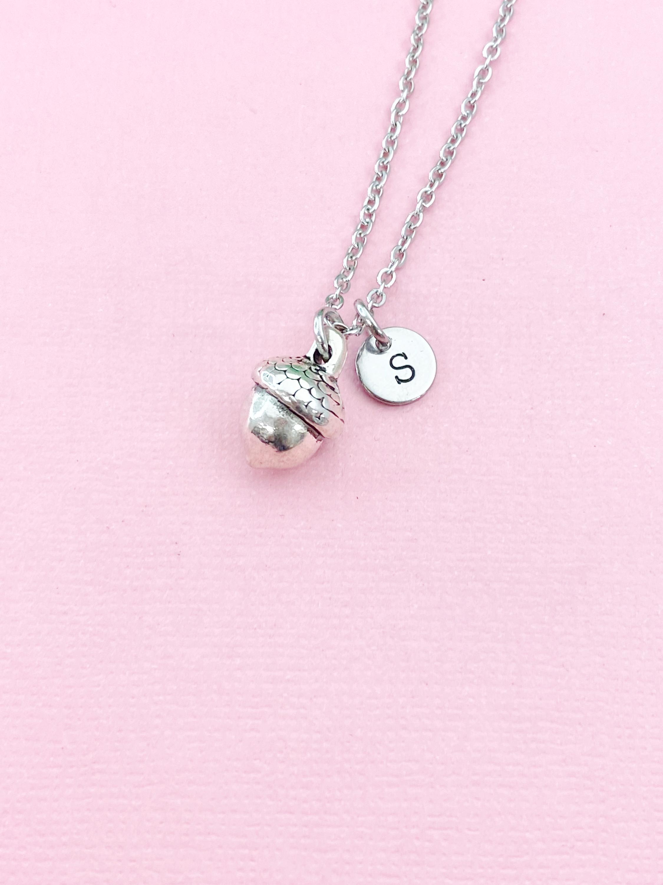 Silver Acorn Charm Necklace, Initial Pendant, Stainless Steel Chain - Etsy